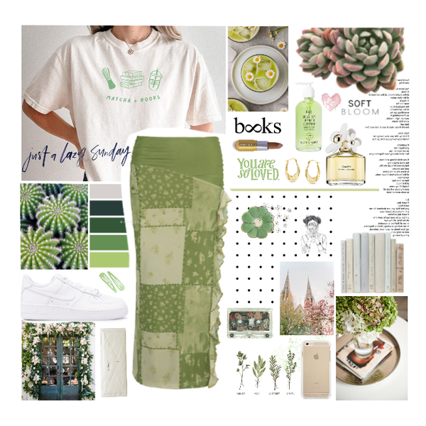 3/23 ideas: Matcha + Books and a Patchwork Skirt - Fashion look - URSTYLE