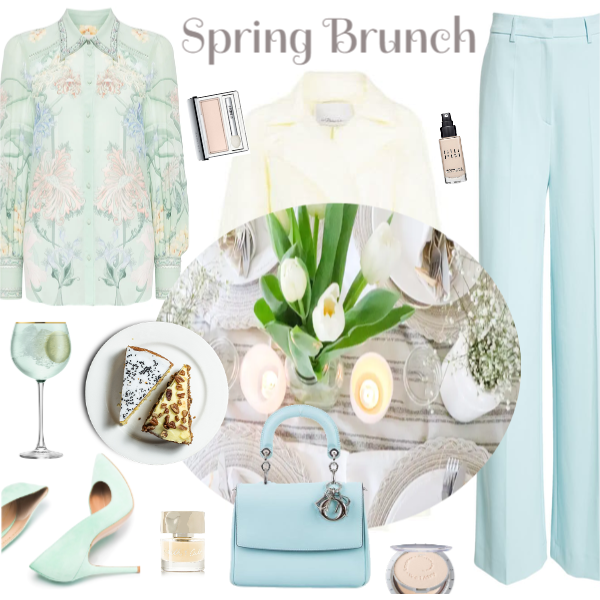 Pastel colors- Spring Brunch- pants, floral blouse, trench coat, pumps ...